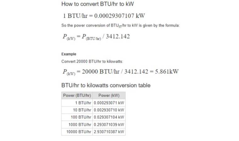BTU/hr to kilowatts (kW) conversion Online